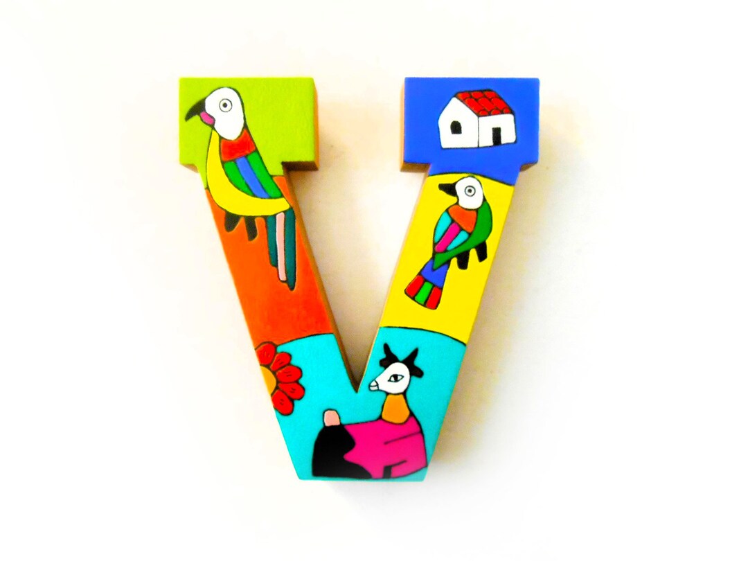 Multicolor Folk Art Letter V / El Salvadorian Craft / 4 Handpainted ...