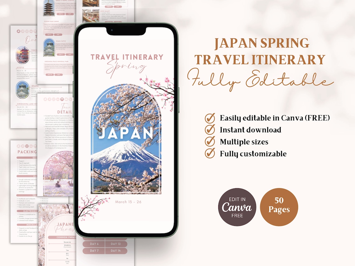 Editable Japan Travel Itinerary Template, Japan Spring Travel, Travel ...