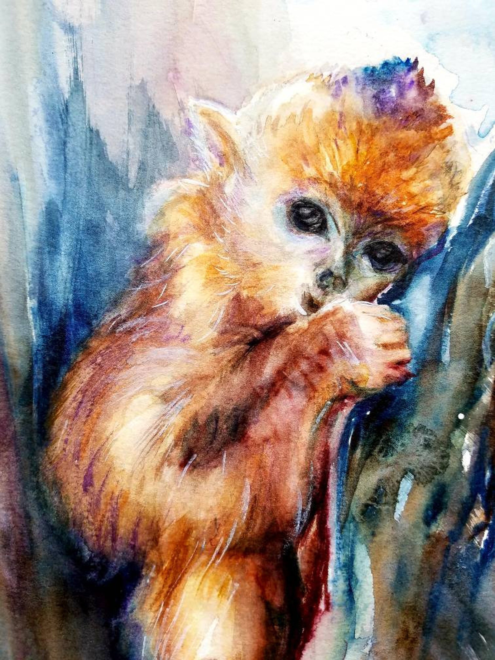 Baby Monkey Original Watercolor Painting Animal Original - Etsy