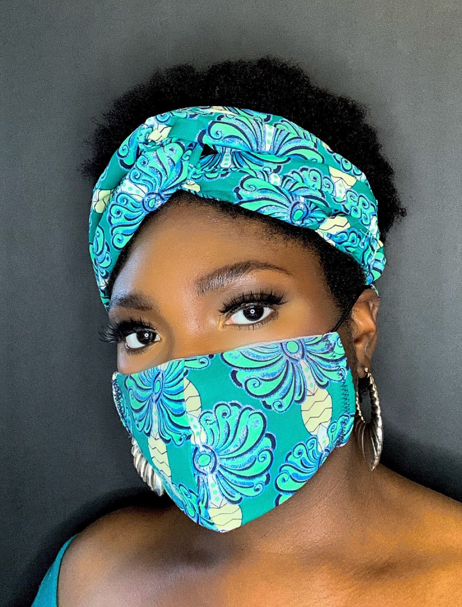 SET: Ankara Face Mask & Turban Headband Set (teal, White) - Etsy