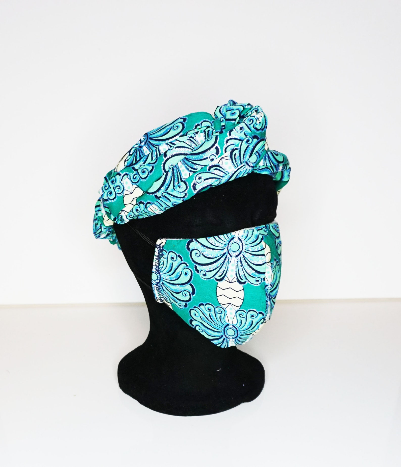 SET: Ankara Face Mask & Turban Headband Set teal White - Etsy