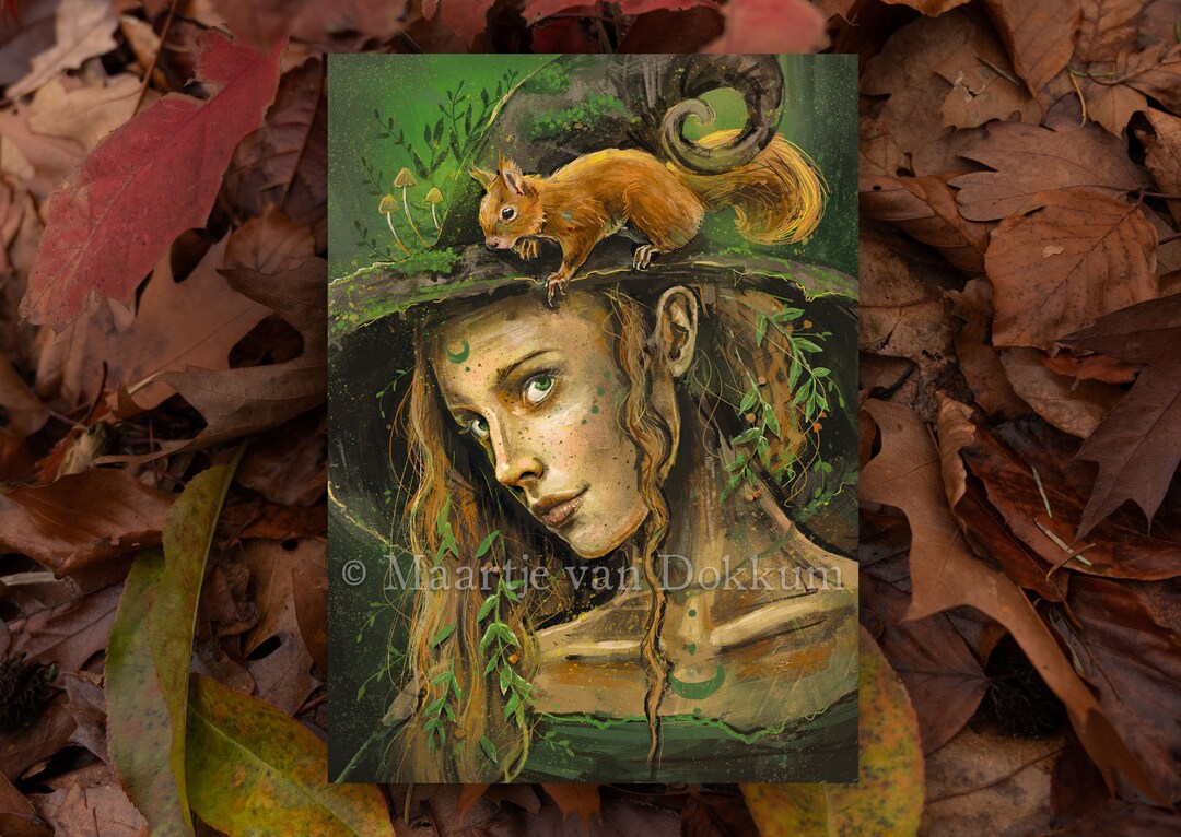 Card the Forest Witch & the Squirrel Fantasy Art Printed - Etsy