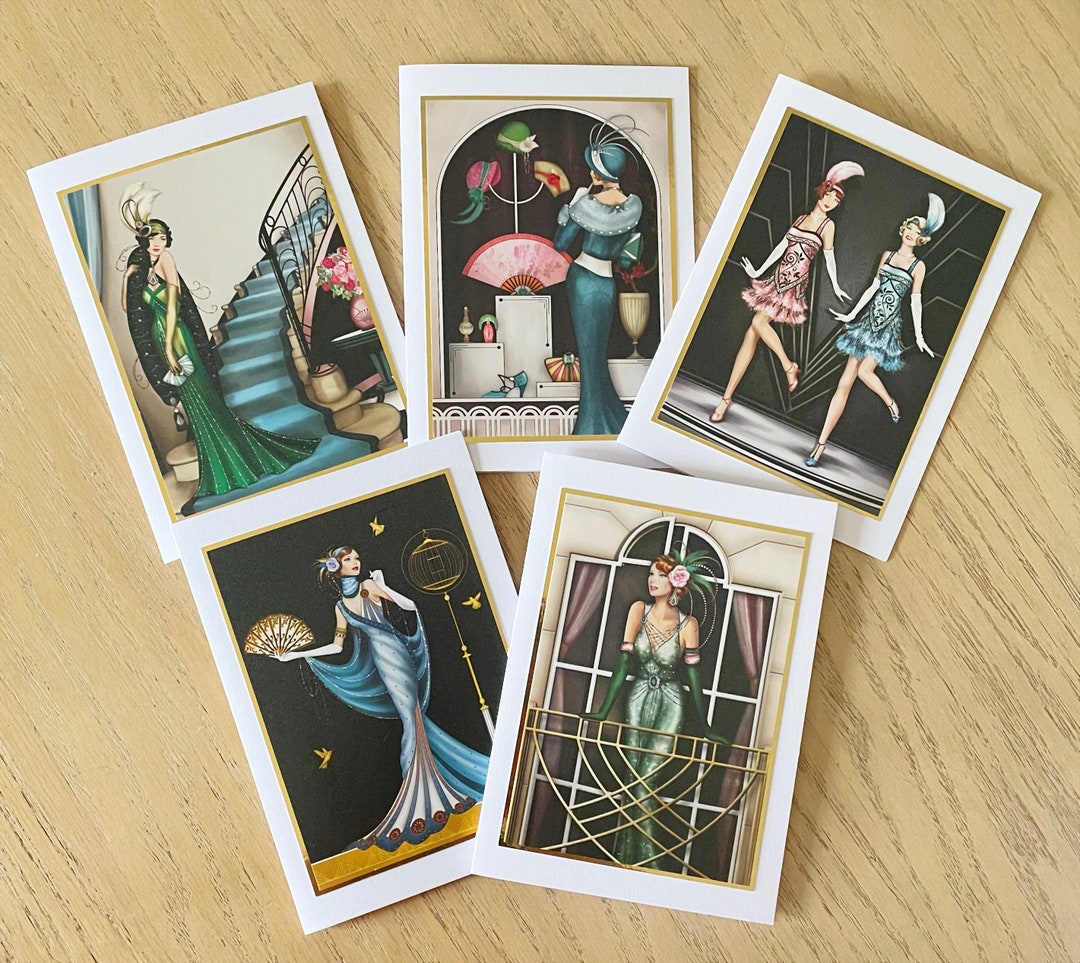 Art Deco Greeting Cards: Handmade Gold Foil Notecards, Pack of 5 - Etsy UK