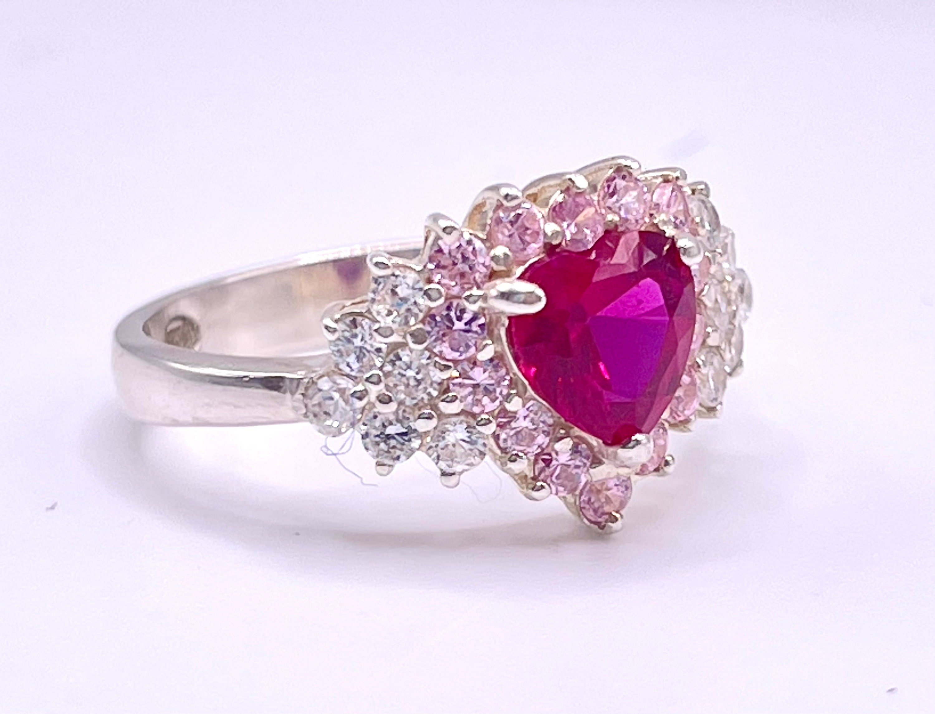 Heart Shaped Red Ruby With Pink and White CZ - Etsy