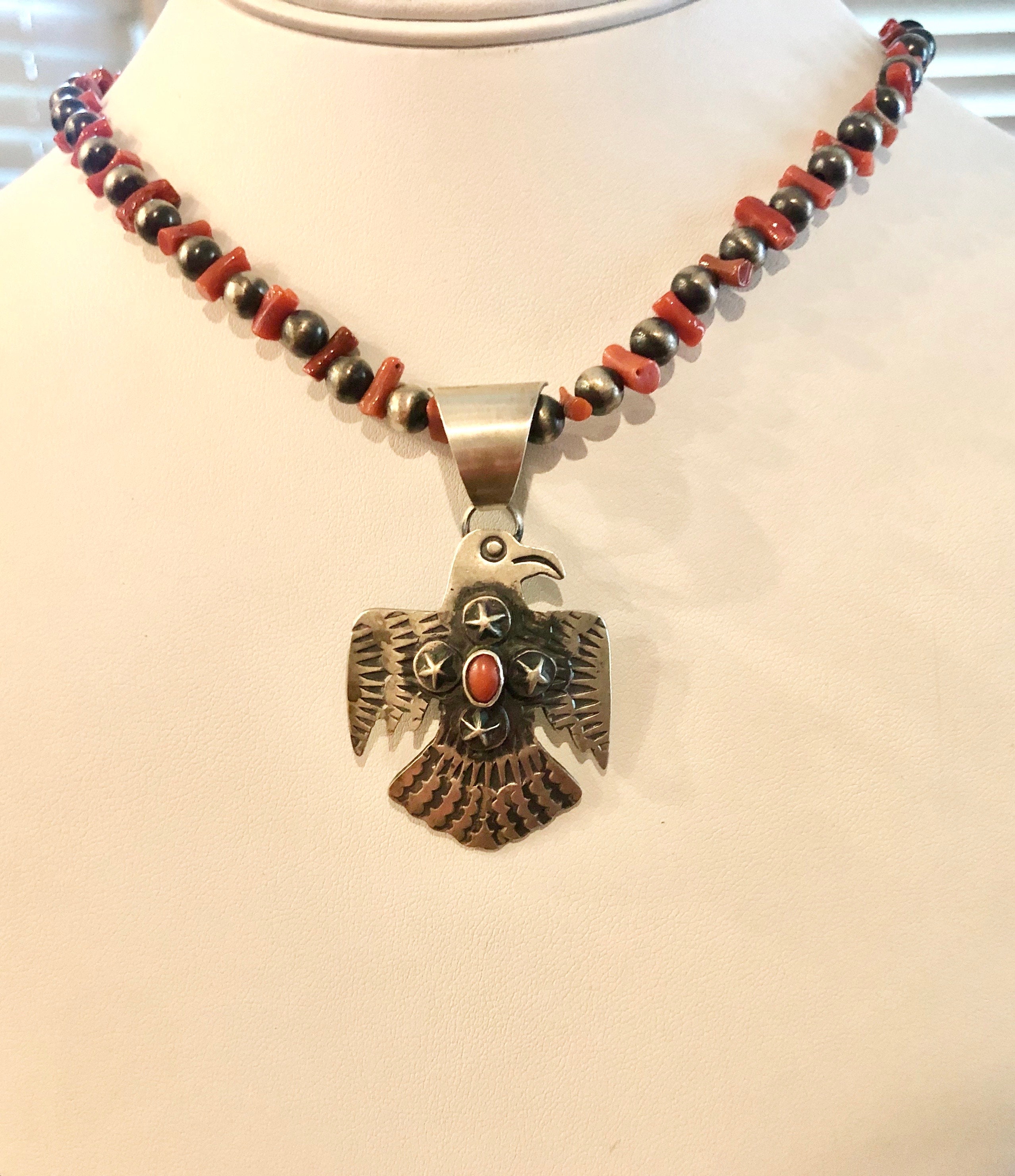 Native American Chimney Butte Sterling Eagle Pendant Coral Beads Necklace - Etsy