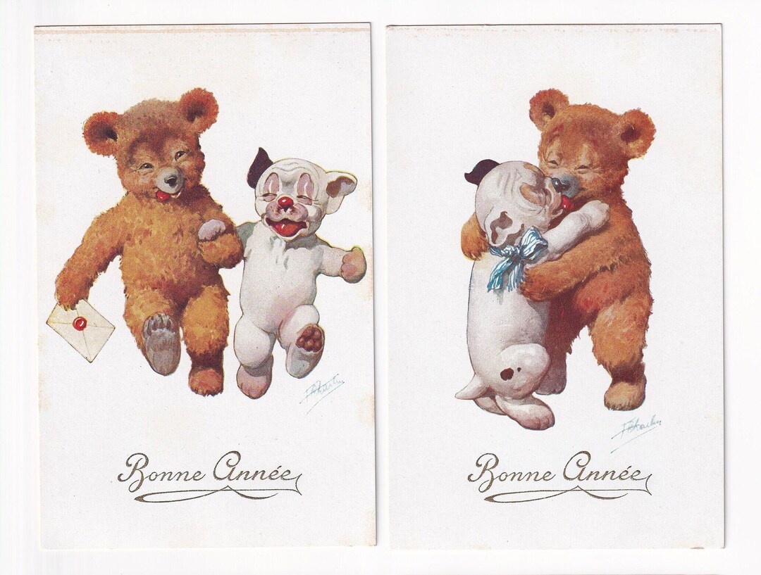 2 Signed Vintage Postcards From Austria: Teddy Bear With Dog Bonzo - Etsy