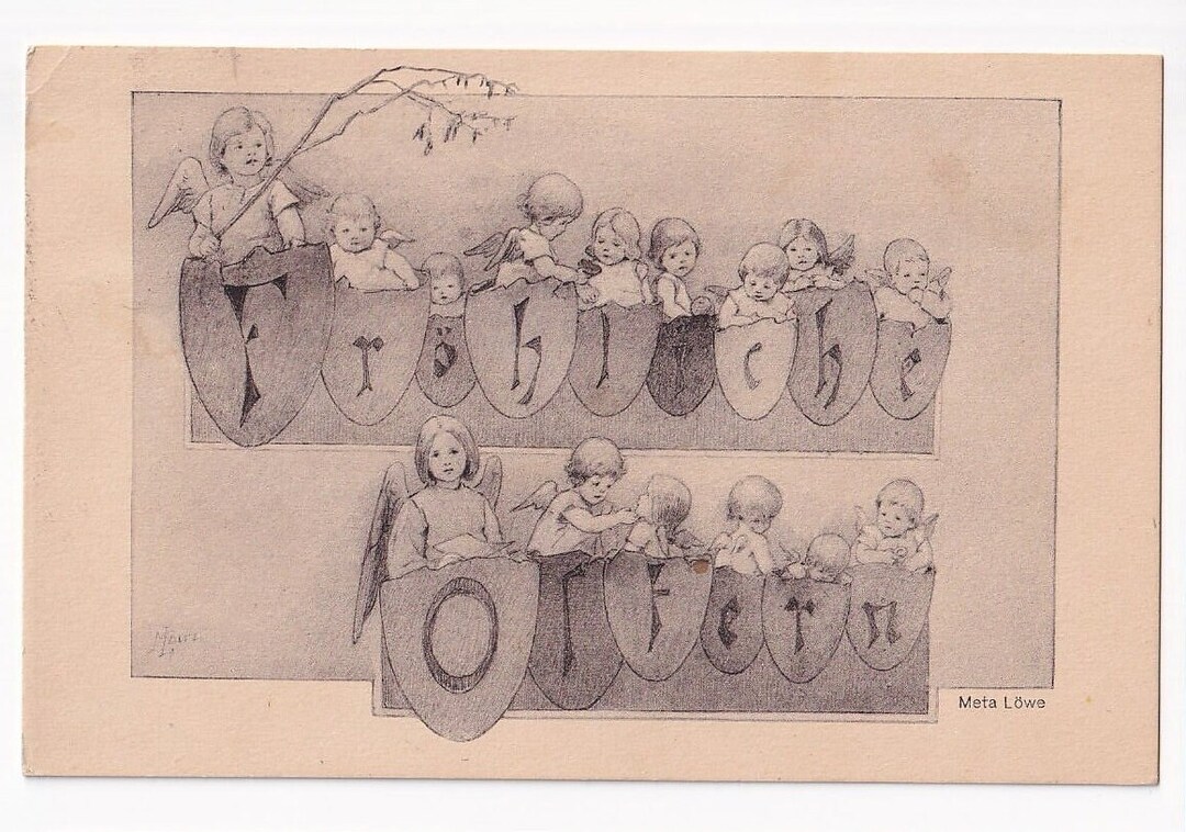 Meta Löwe: Child Angel in Eggshells With Letters happy Easter, Swiss ...