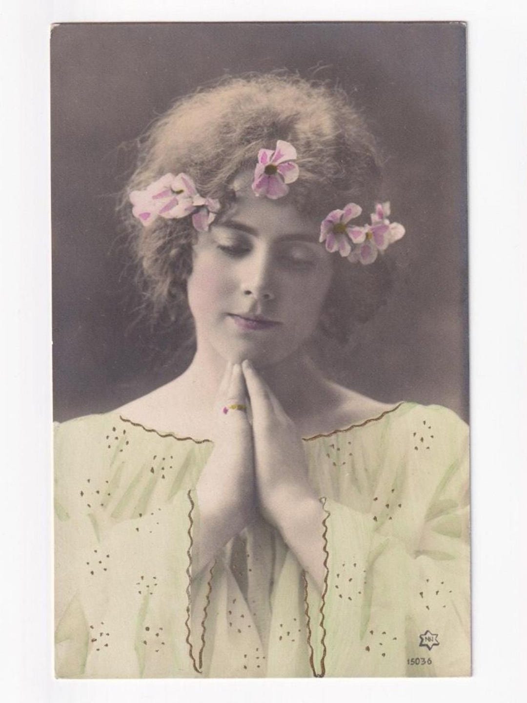German Postcard Circa 1905: Praying Woman With Flowers in Her Hair - Etsy