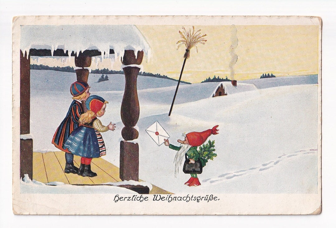 Dwarf Brings a Letter to Two Girls, German Vintage Postcard - Etsy