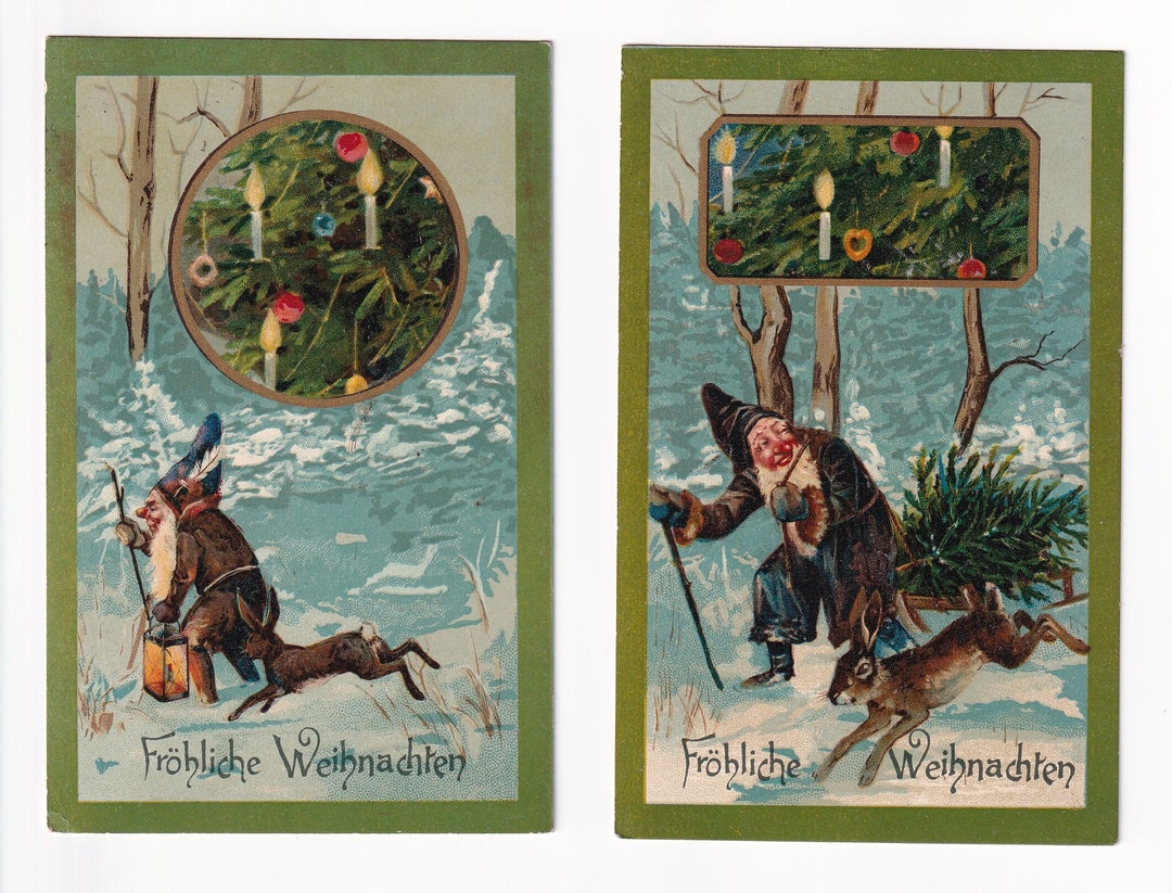 2 Antique Postcards From Germany: Dwarves With Rabbits in the Forest - Etsy