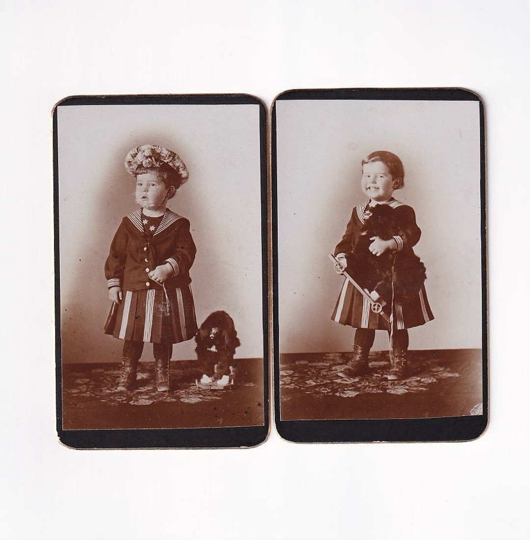 2 Carte De Visite: Funny Child in Sailor Dress With Stuffed Dog on ...