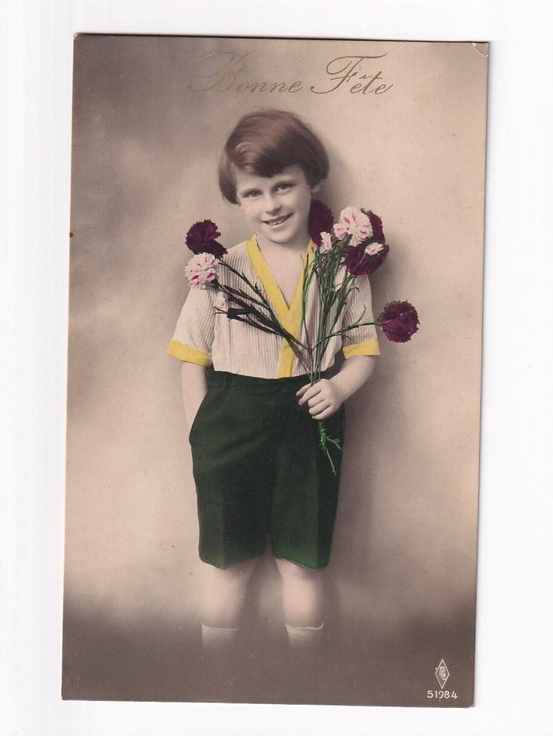 Boy With Carnations, German Vintage Postcard, Colorized Photography ...