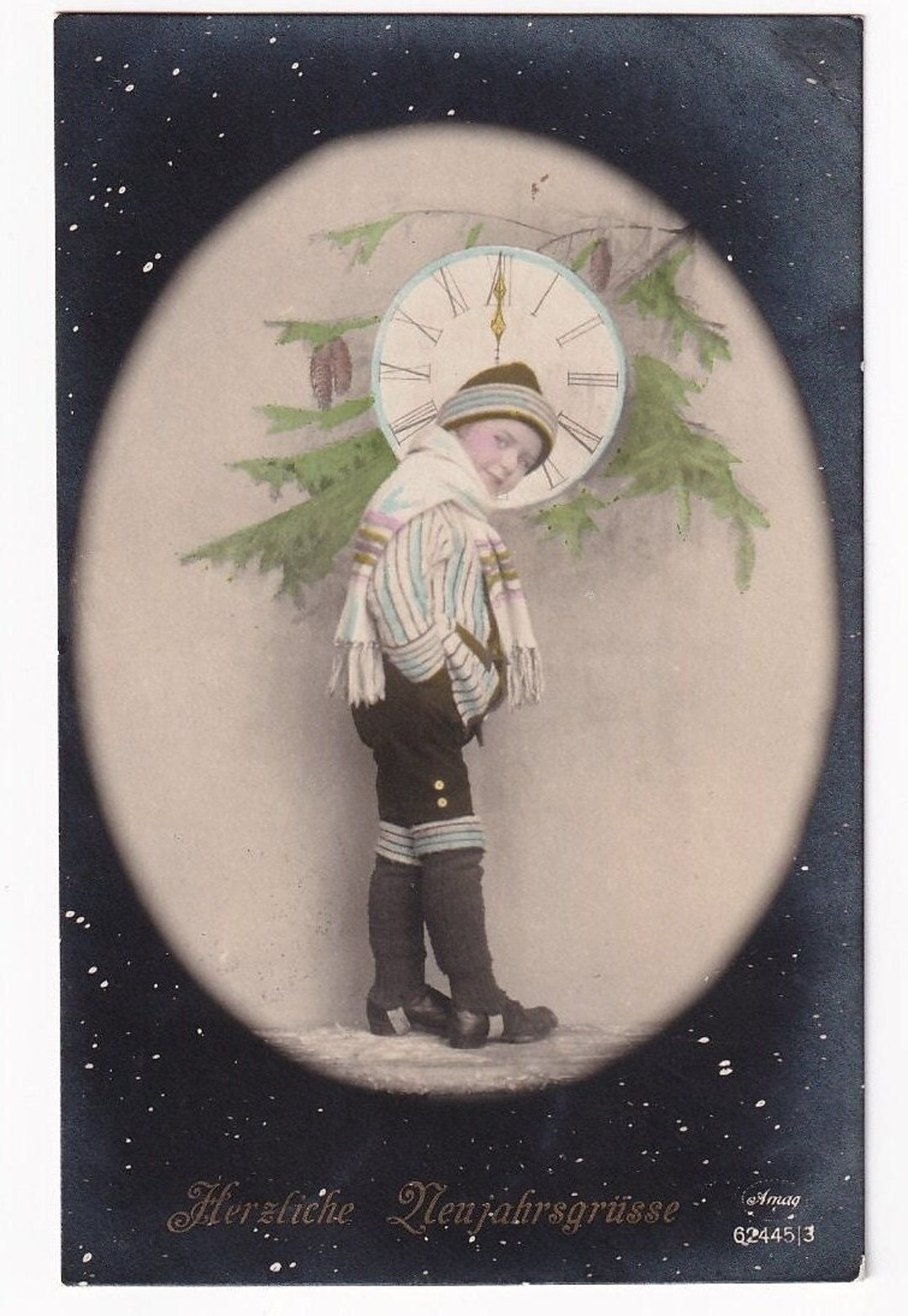 German Postcard Circa 1920: Boy ("bubi") With Scarf and Hat at Midnight ...