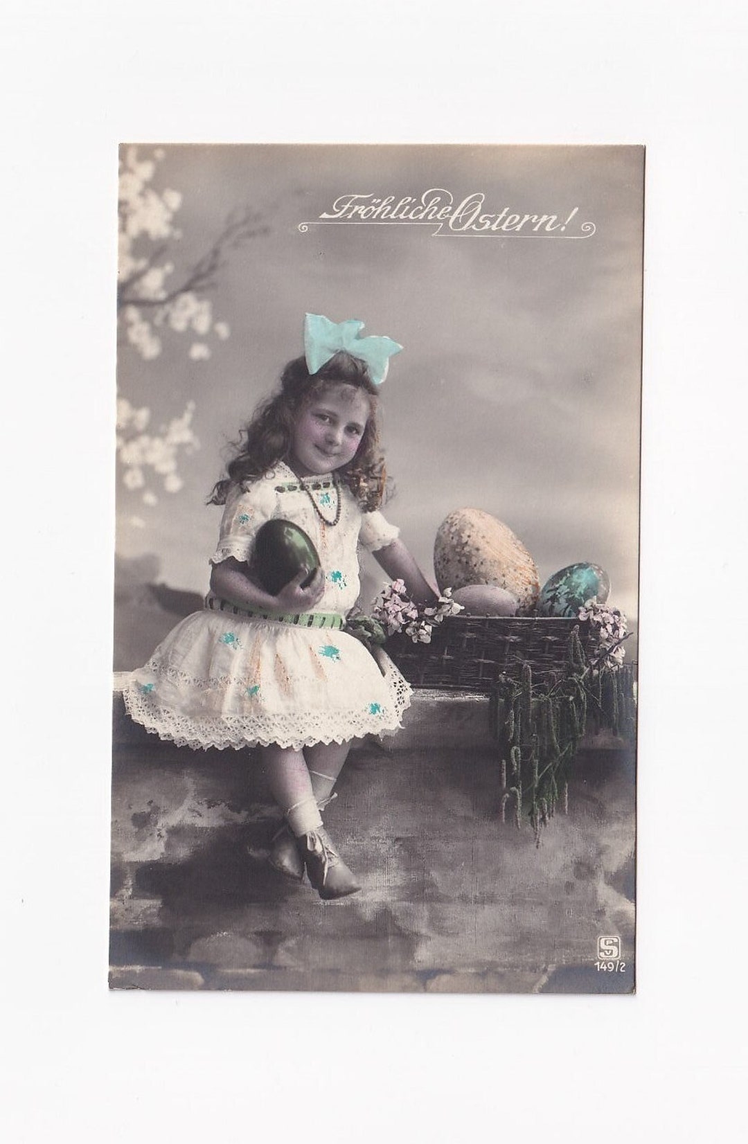 German Postcard Circa 1910: Girl With Hair Bow and Present Eggs - Etsy
