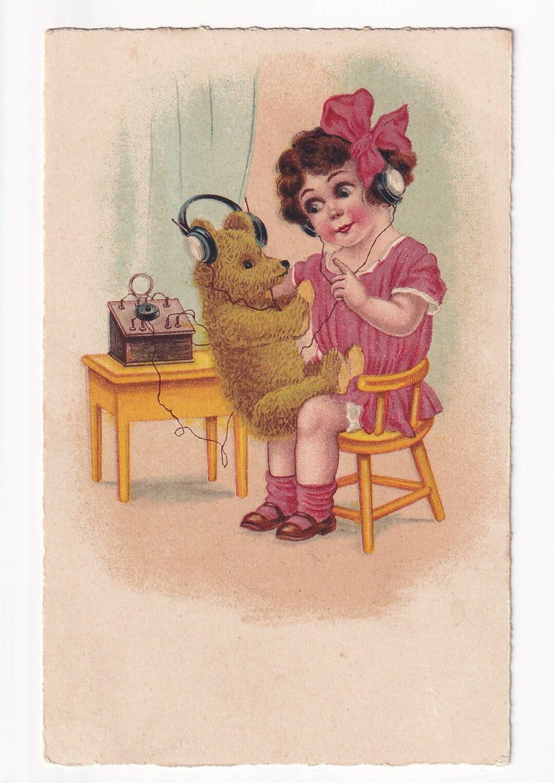 Girl as Telephone Operator and Teddy Bear With Headphones and ...