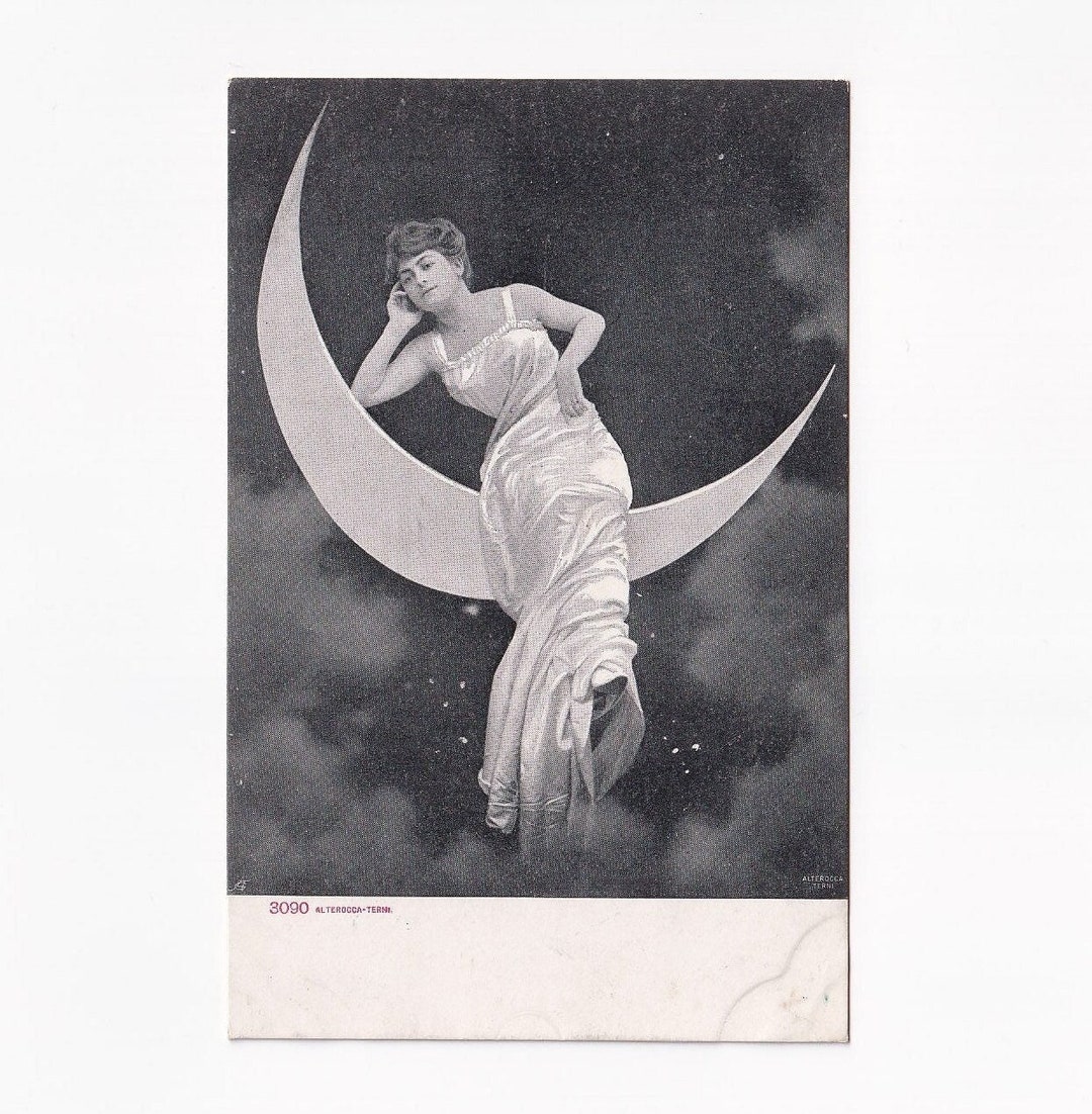 Woman Sitting on Crescent Moon, Antique Postcard From Italy - Etsy