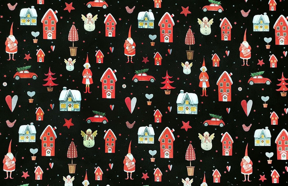 Black Background Christmas Pattern Upholstery Fabric by the 1/2 Yard ...