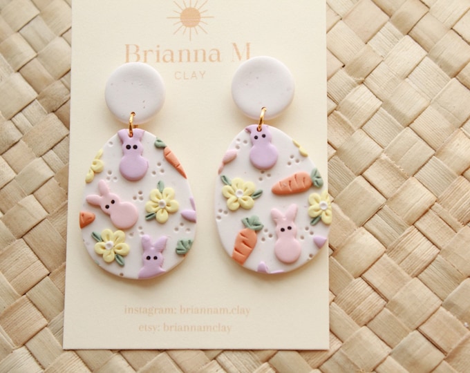 Floral Easter Bunny Clay Stud Earrings Handmade Polymer Clay Easter ...
