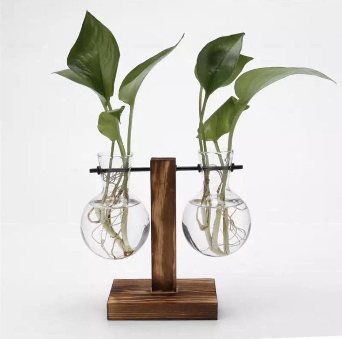 Glass Planter Pot With Wooden Stand Modern Triple Balls Desk Vase ...