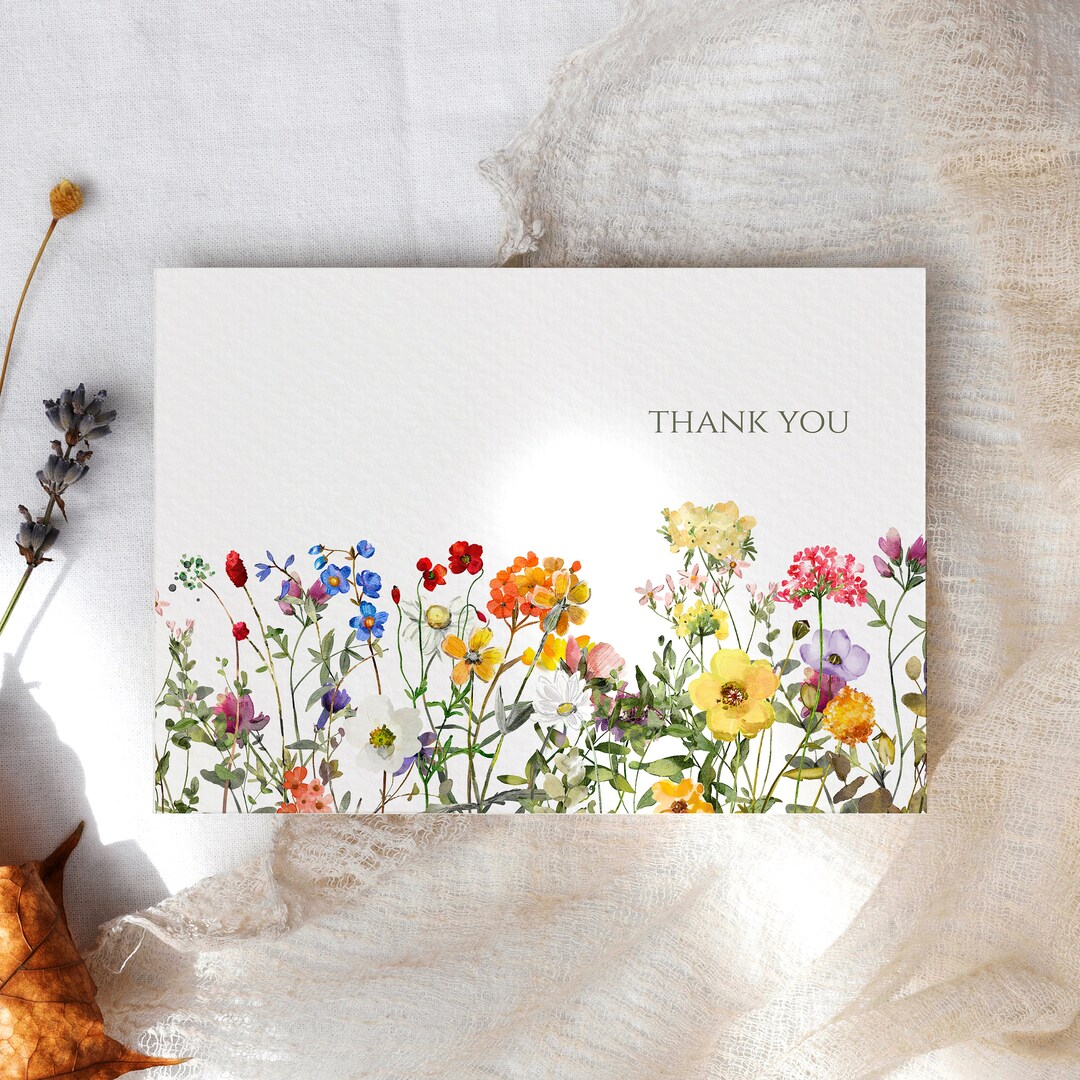 10x Thank You Cards, Wildflower Watercolour Thank You Card Set, Floral ...