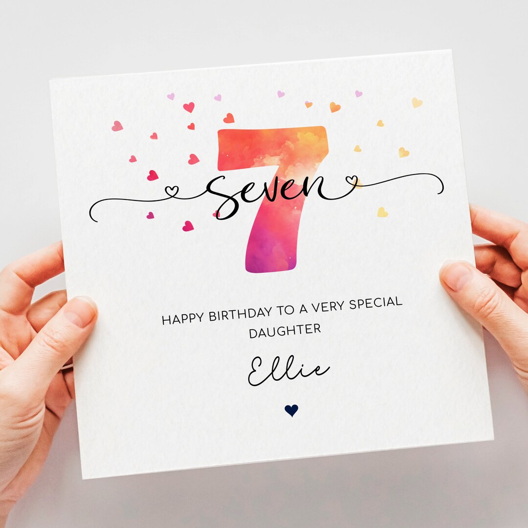 Personalised 7th Birthday Card, Girl Seventh Birthday, Colourful Red ...