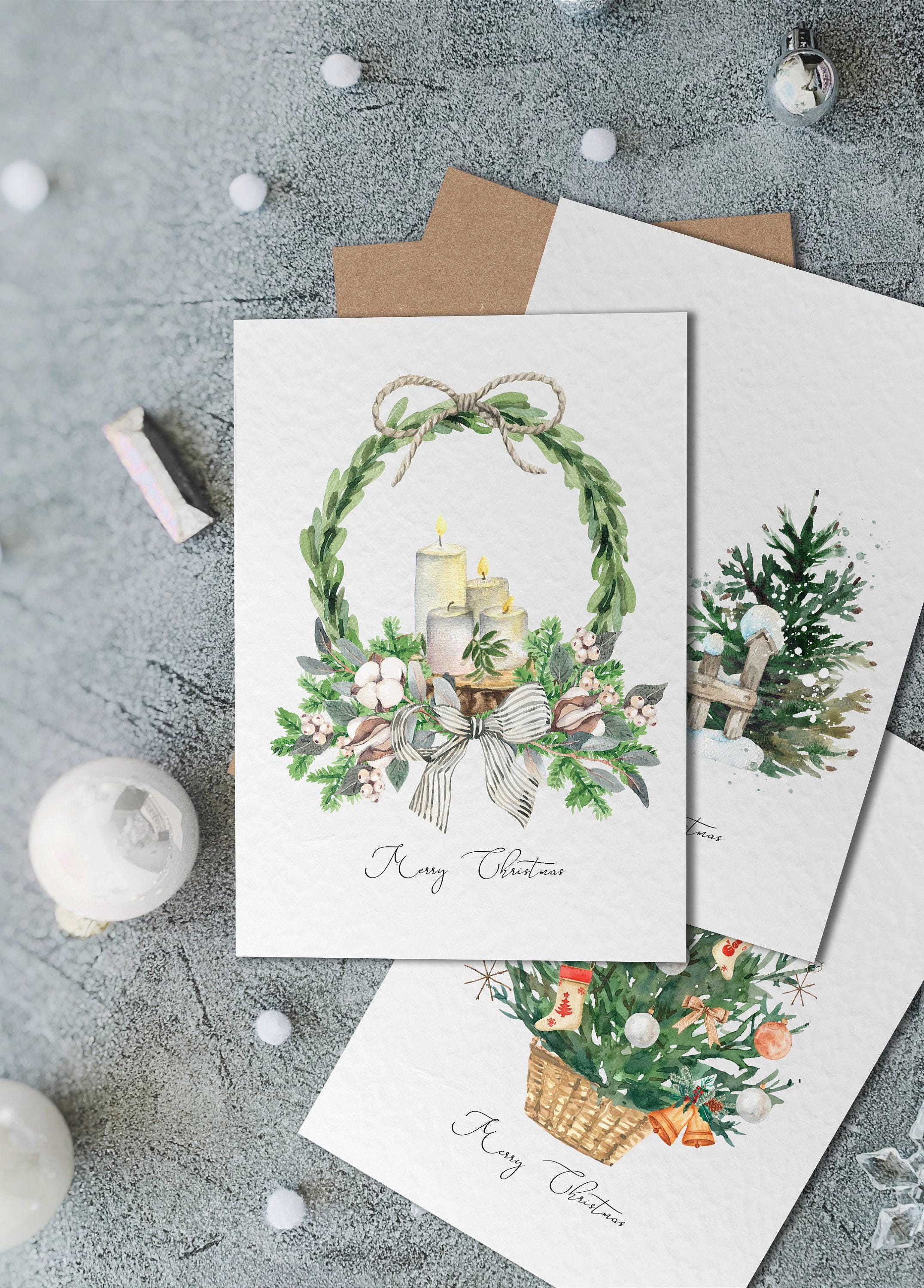 5x Christmas Watercolour Cards, Winter Holidays Card Set, Christmas ...