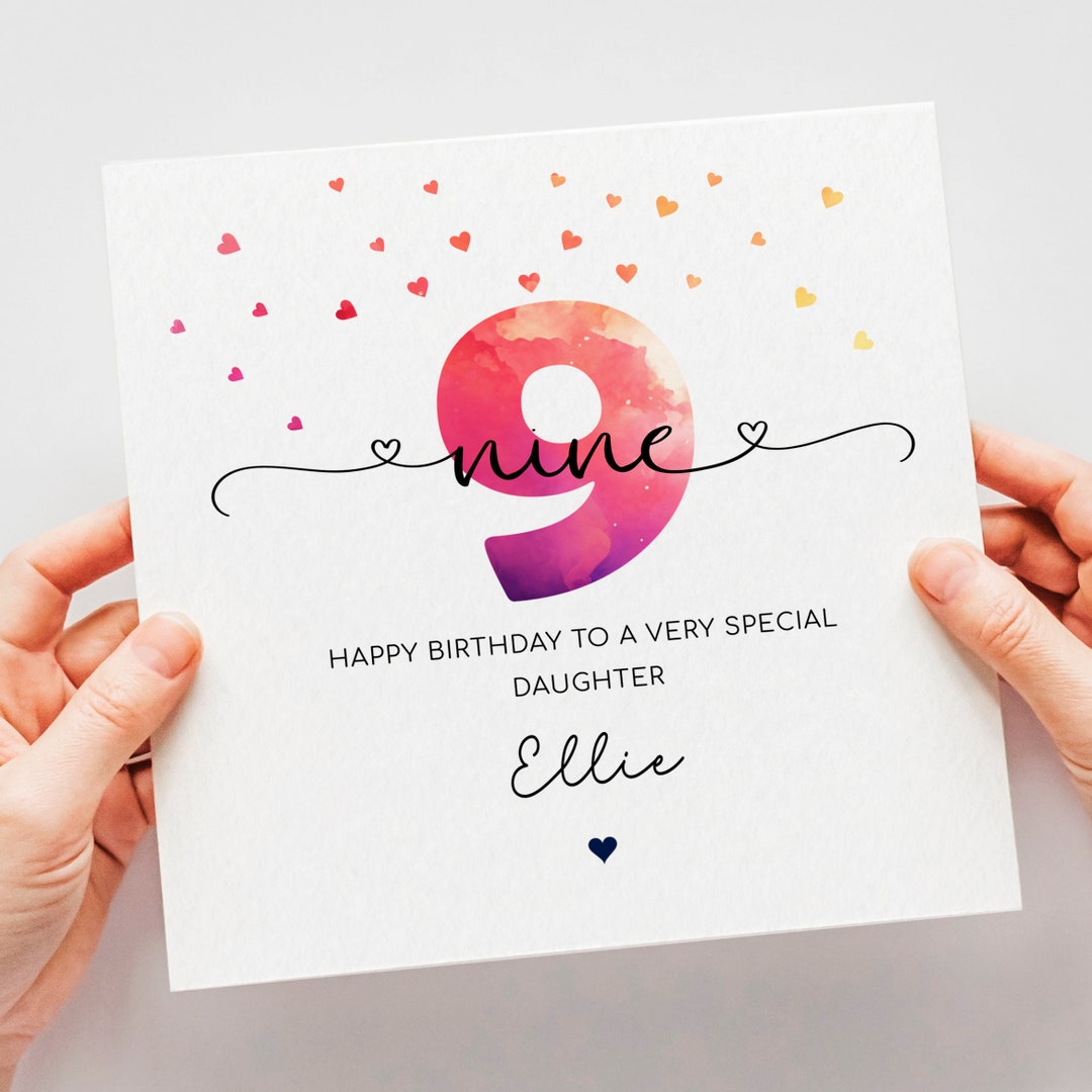 Personalised 9th Birthday Card, Girl Ninth Birthday, Colourful Red ...