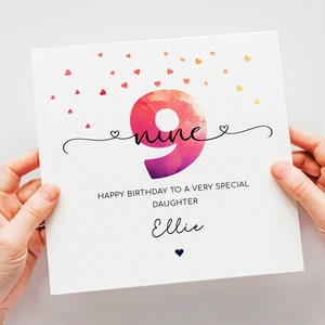 Personalised 9th Birthday Card, Girl Ninth Birthday, Colourful Red ...