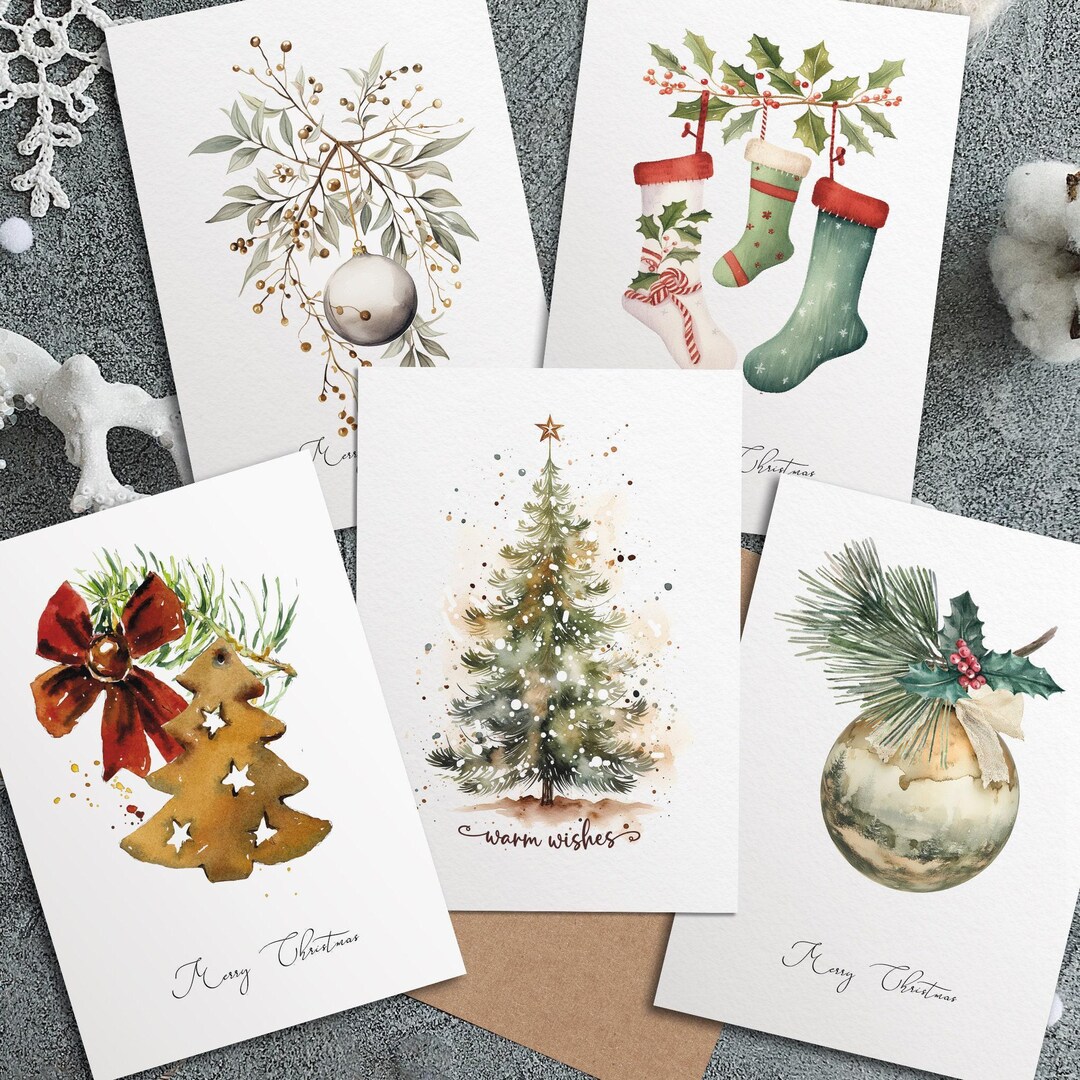5x Christmas Watercolour Cards, Winter Holidays Card Set, Christmas ...