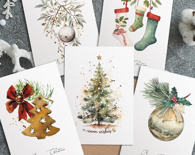 5x Christmas Watercolour Cards, Winter Holidays Card Set, Christmas ...