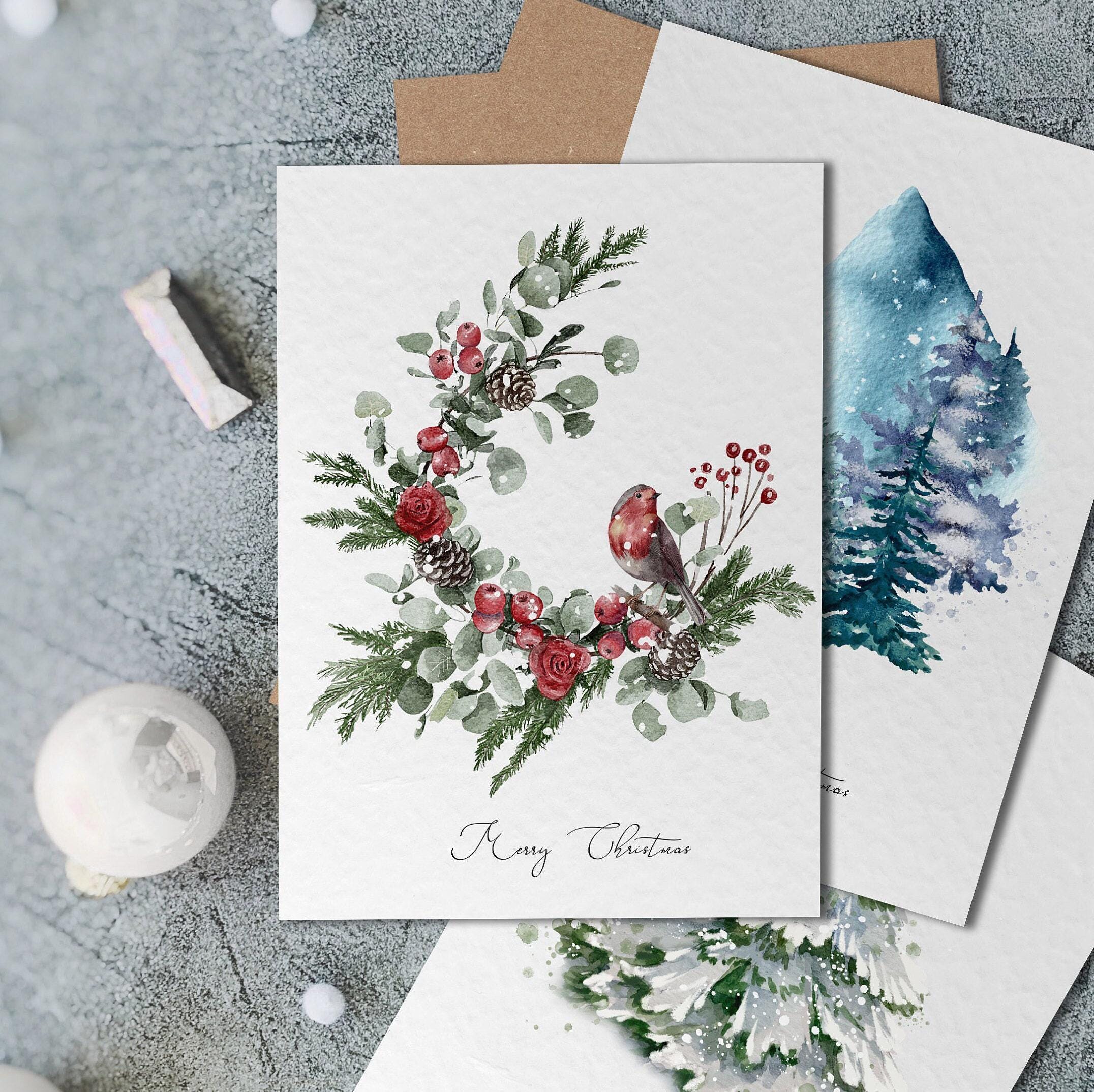 5x Christmas Watercolour Cards, Winter Holidays Card Set, Mountains ...