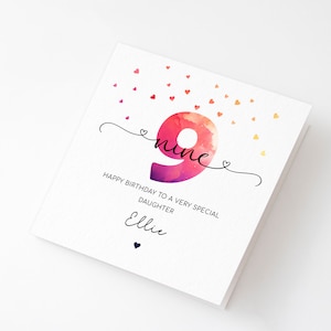 Personalised 9th Birthday Card, Girl Ninth Birthday, Colourful Red ...