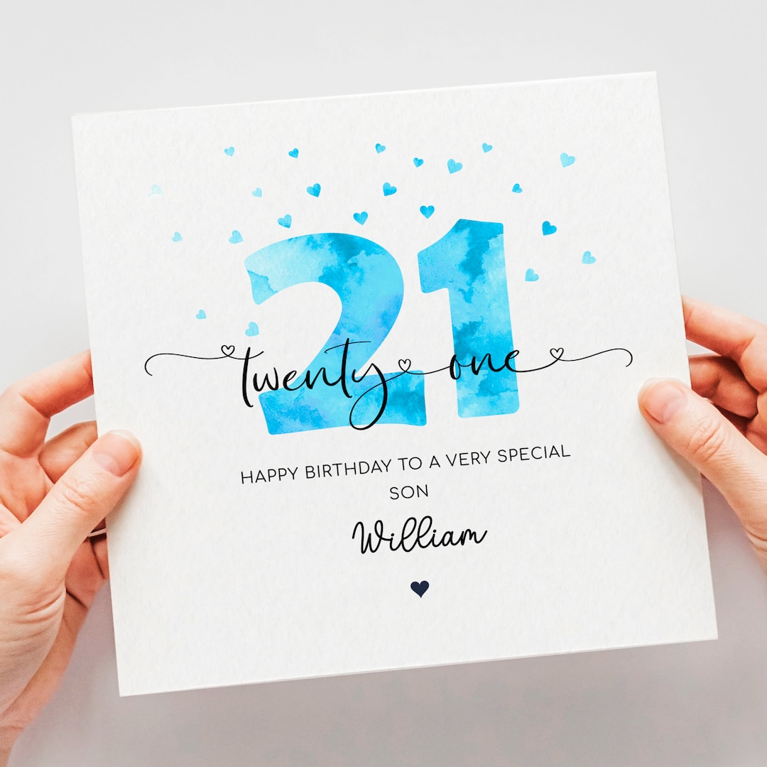 Personalised 21st Birthday Card, Twenty First Blue Birthday Card, Happy ...