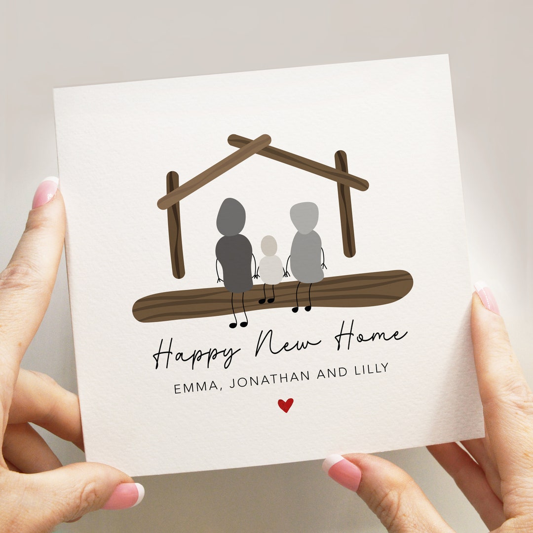 Personalised Happy New Home Card, Cute Family of Three Pebble People ...