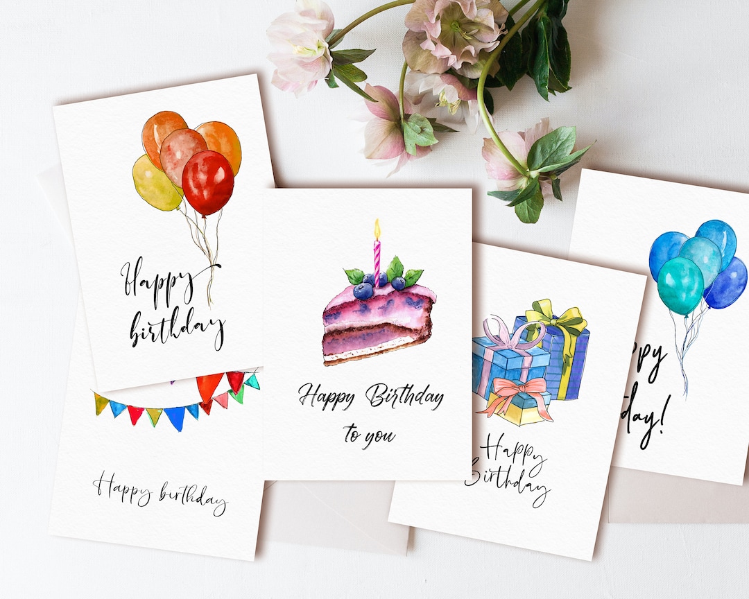 5x Birthday Cards Pack, Watercolour Birthday Unisex Variety Multi Pack ...