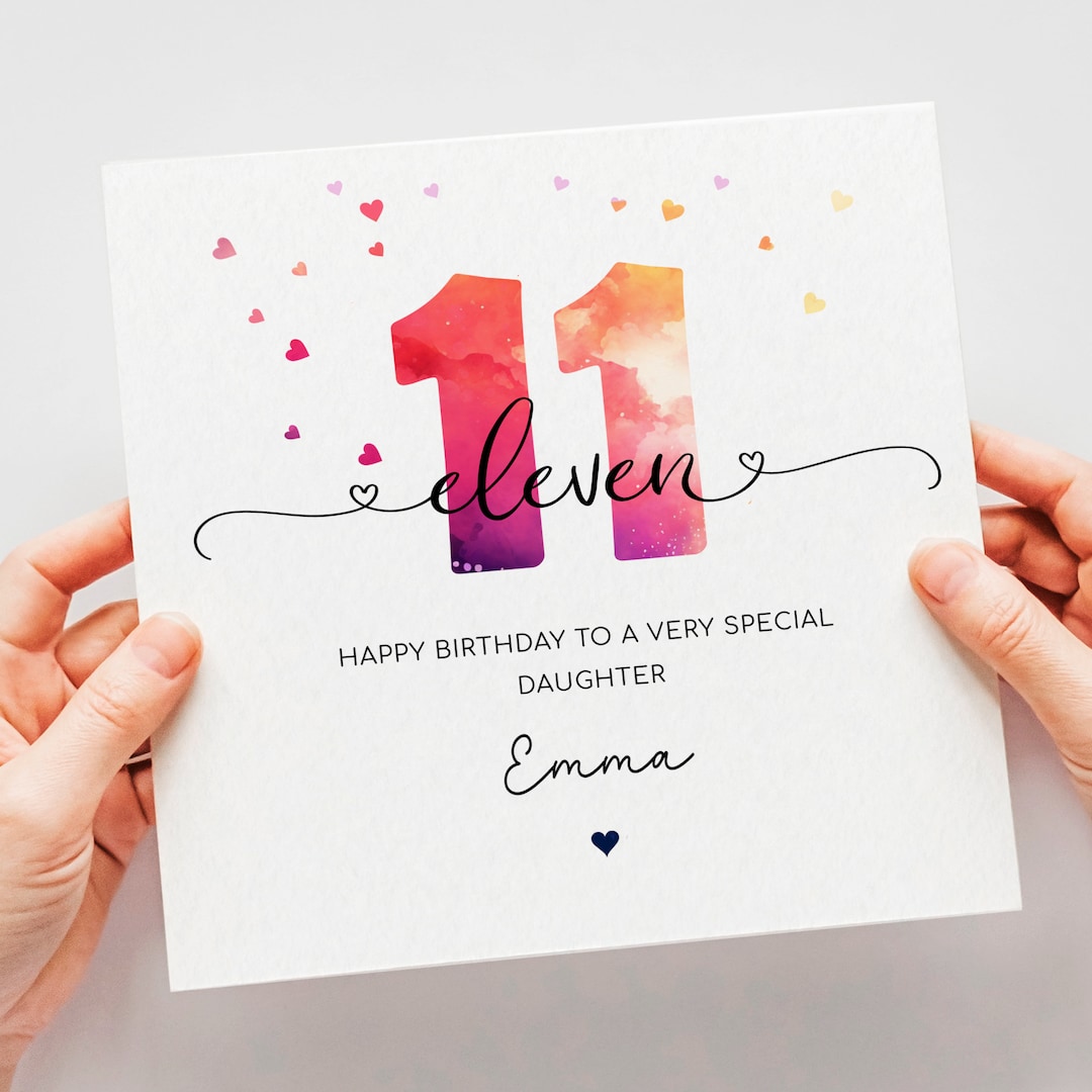 Personalised 11th Birthday Card, Girl Eleventh Birthday, Colourful ...