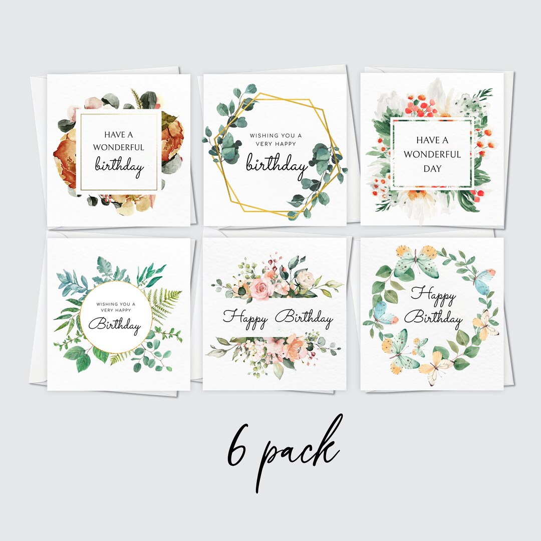 Floral Watercolour Birthday Greeting Card Pack, Set of 6 Happy Birthday ...