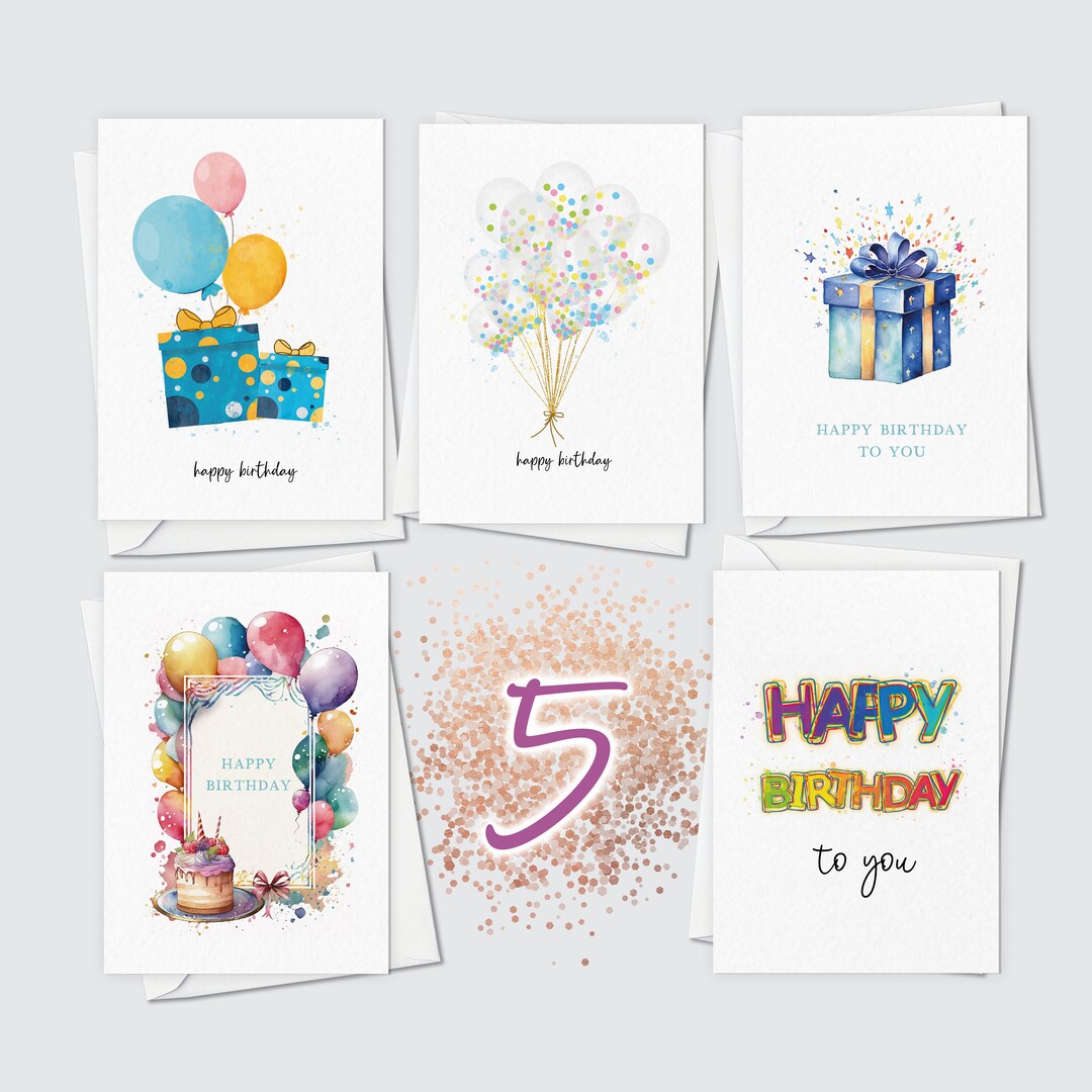 5x Birthday Cards Pack, Colourful and Cheerful Watercolour Birthday ...