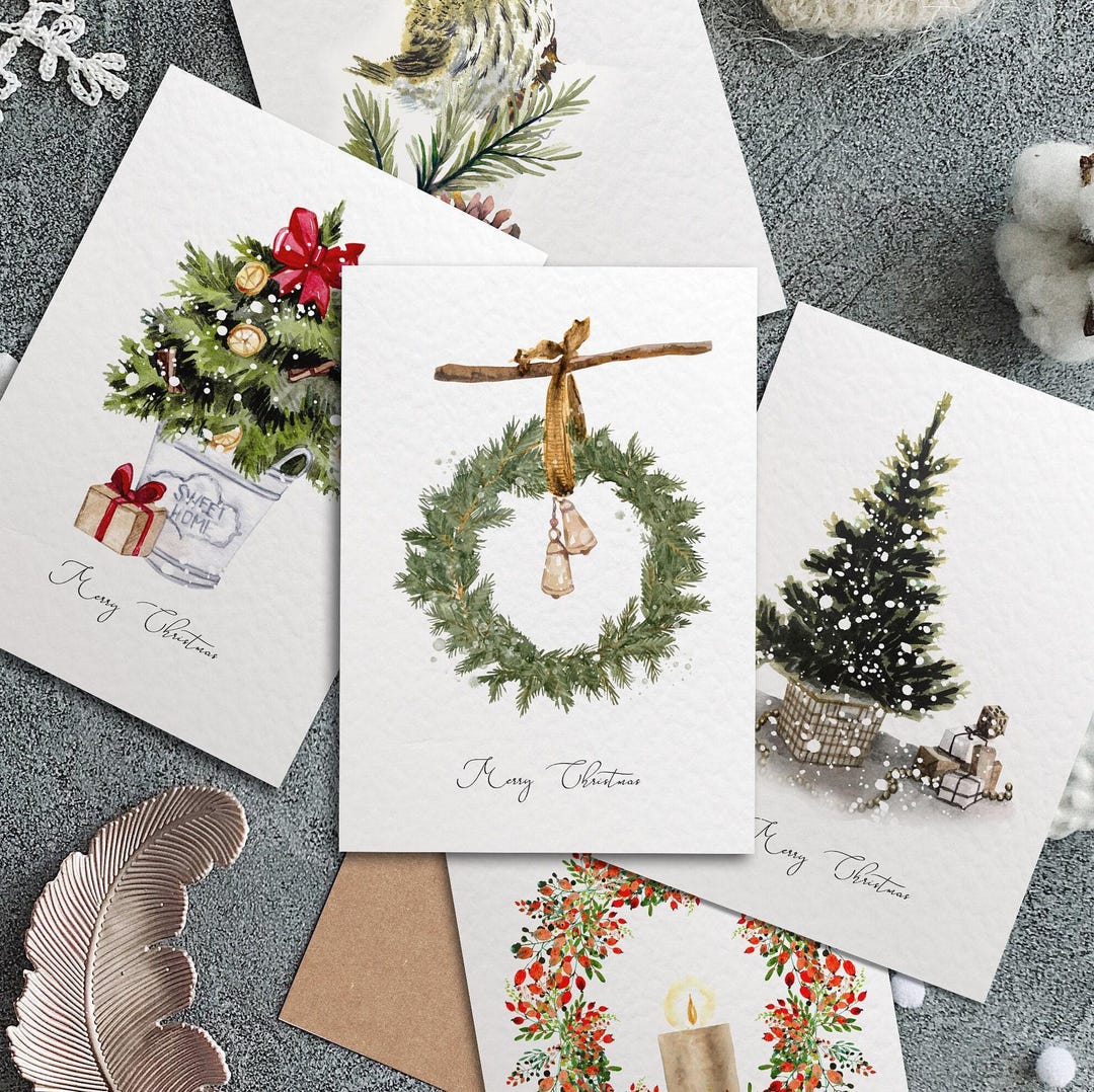 5x Christmas Watercolour Cards, Winter Holidays Card Set, Christmas ...