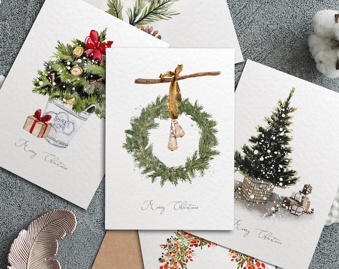5x Christmas Watercolour Cards, Winter Holidays Card Set, Christmas ...