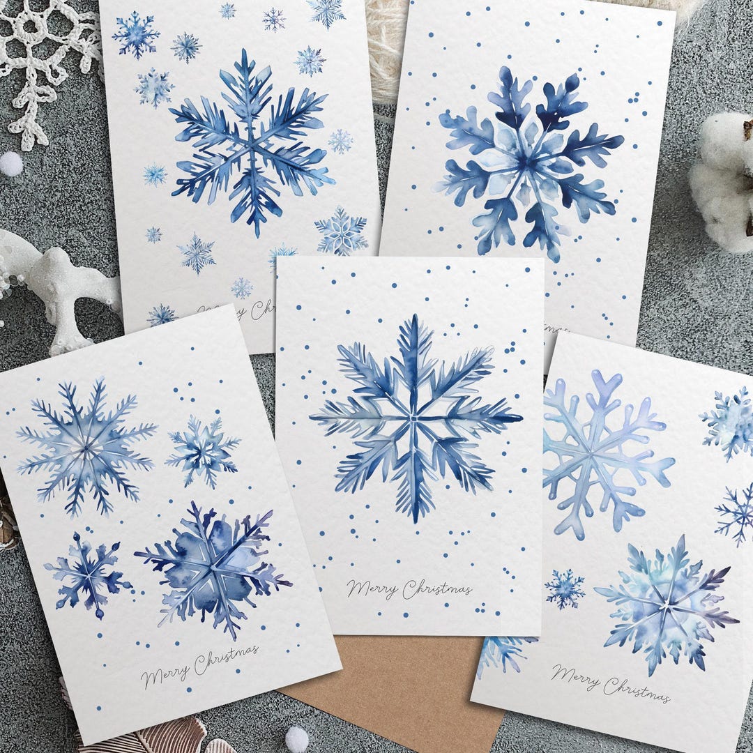 5x Christmas Watercolour Cards, Snowflake Winter Holidays Card Set ...
