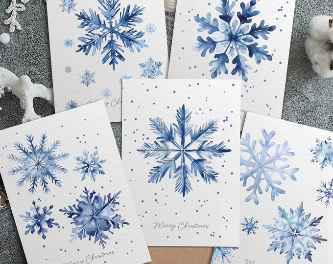 5x Christmas Watercolour Cards, Snowflake Winter Holidays Card Set ...
