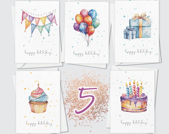 5x Birthday Cards Pack, Unisex Variety Spare Birthday Cards, Bunting ...