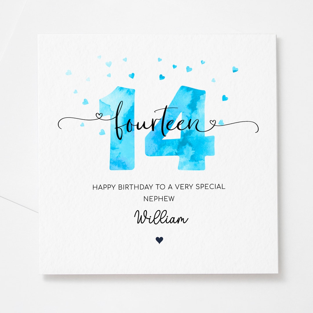 Personalized 14th Birthday Card: Blue Watercolor Teenager Design - Etsy