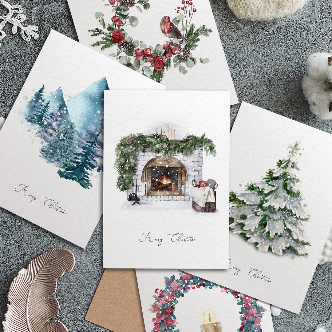 5x Christmas Watercolour Cards, Winter Holidays Card Set, Mountains ...