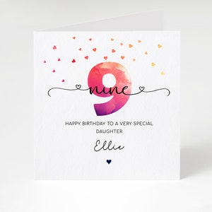 Personalised 9th Birthday Card, Girl Ninth Birthday, Colourful Red ...