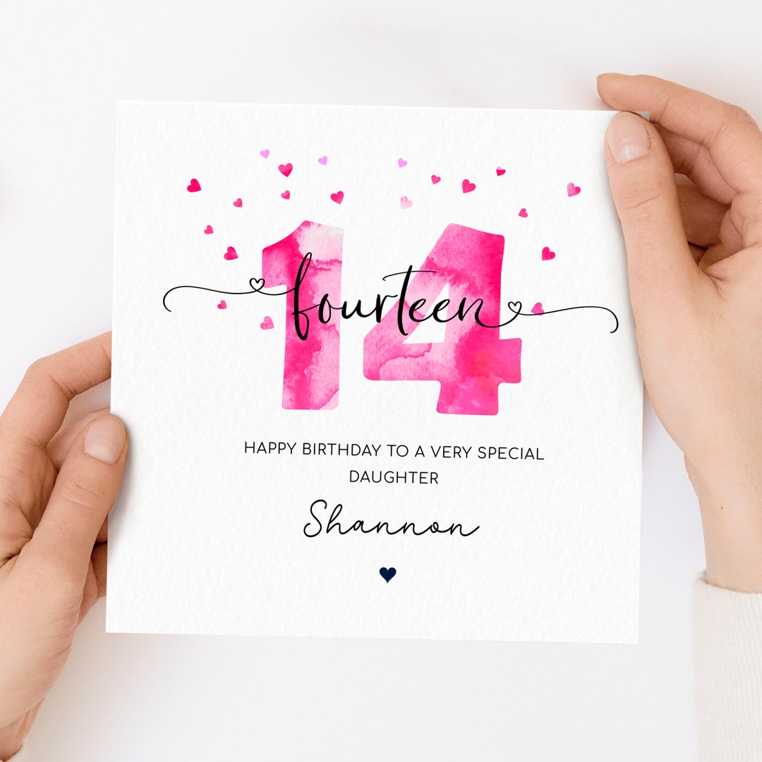 Personalised 14th Birthday Card, Pink Teenage Girl Fourteenth Birthday ...