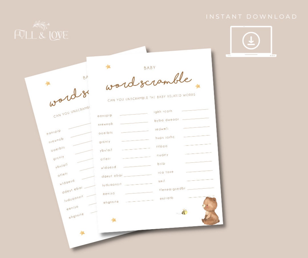 Word Scramble Baby Shower Game Digital Download Baby Shower Games Teddy ...