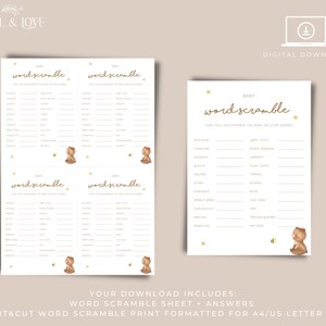 Word Scramble Baby Shower Game Digital Download Baby Shower Games Teddy ...