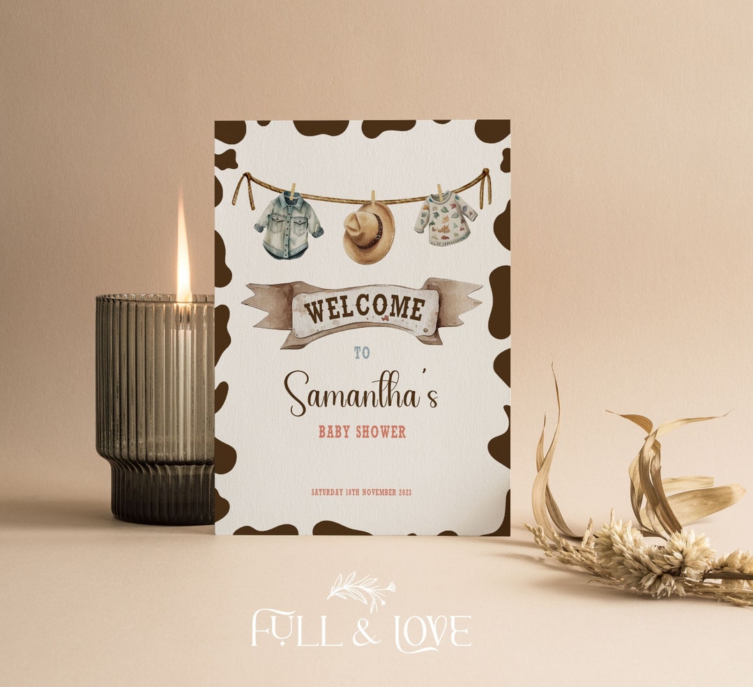 Personalised Cowboy Baby Shower Welcome Sign | Cow Print Western CW101 ...